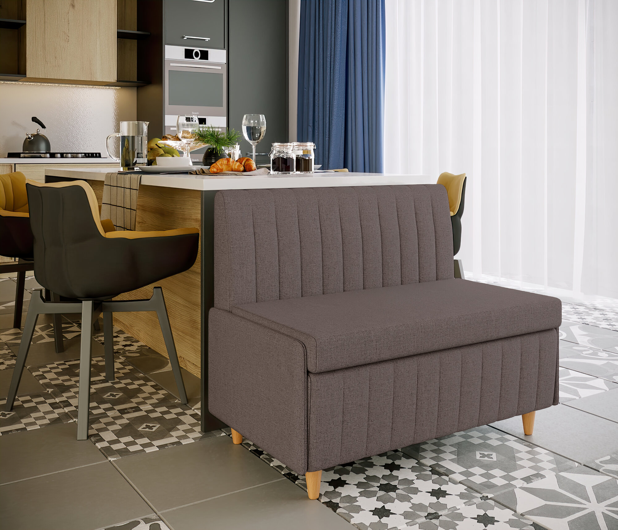 Кухонный диван Мини, Саванна Плюс Тоффи, рогожка коричневый, с ящиком.