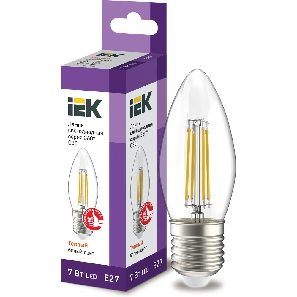Лампа IEK серия 360, LED, C35, свеча, прозрачная, 7вт, 230В, 3000К, E27 LLF-C35-7-230-30-E27-CL