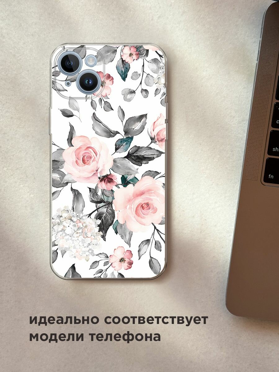 Чехол на Apple iPhone 14 / Айфон 14 с принтом "Розы на белом" — фото 1