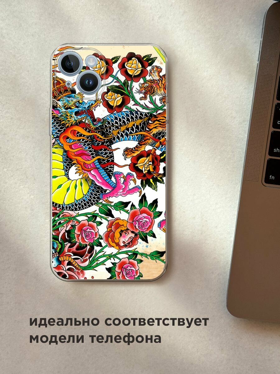 Чехол на Apple iPhone 14 / Айфон 14 с принтом "Дракон в цветах" — фото 1