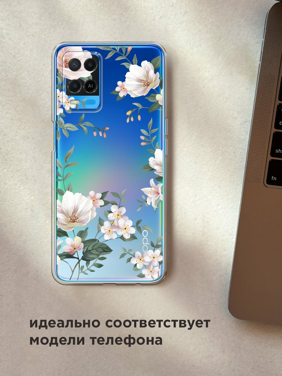 Чехол на Oppo A54 / Оппо A54 с принтом "Beautiful white flowers", прозрачный — фото 1