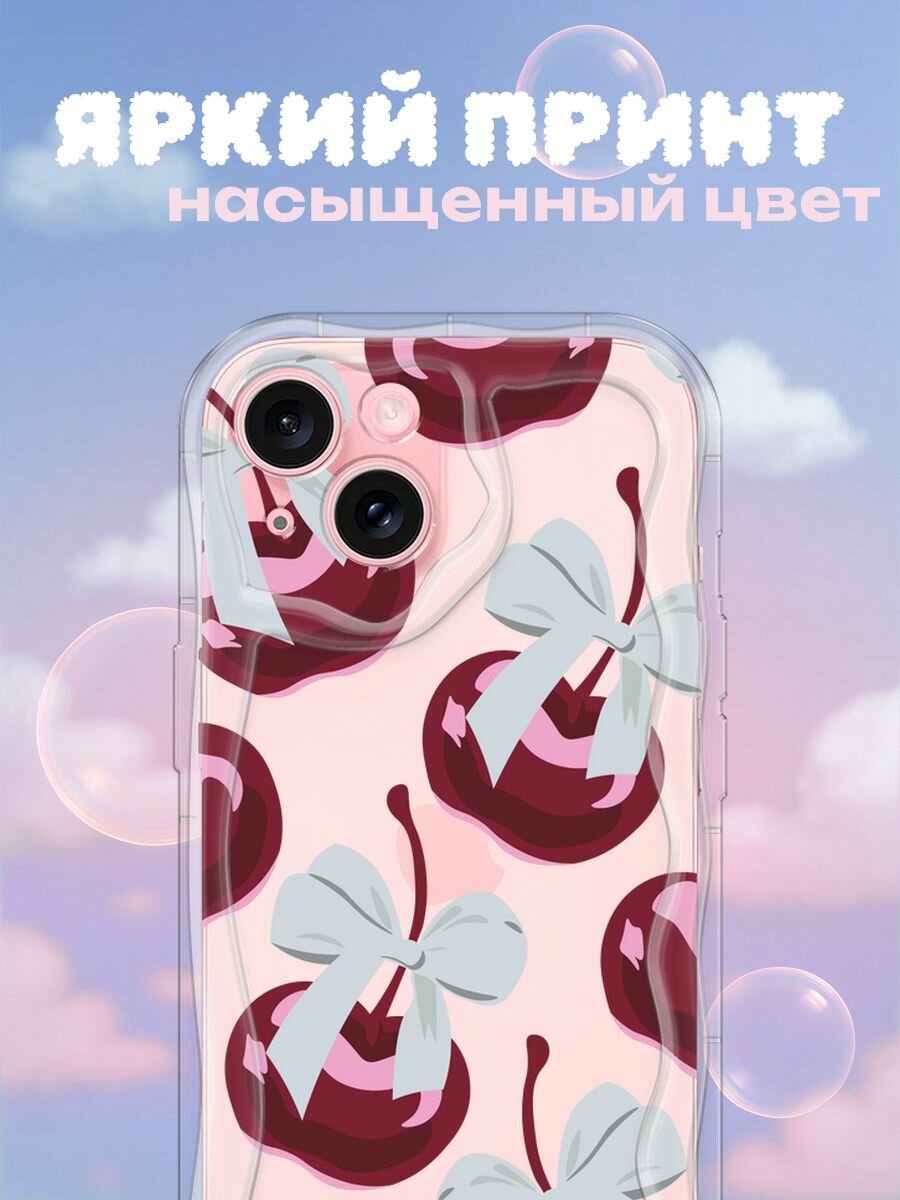 Чехол на Apple iPhone 15 / Айфон 15 с принтом "Вишни с бантами" — фото 1