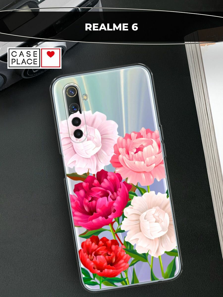 Чехол на Realme 6 / Реалми 6 с принтом "Большие пионы", прозрачный