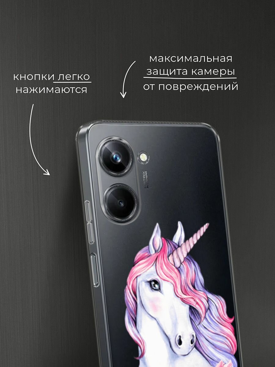 Чехол на Realme 10 Pro / Реалми 10 Про с принтом "Единорог с пионами", прозрачный — фото 1