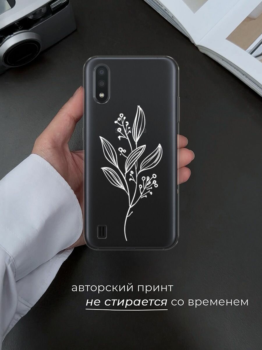 Чехол на Samsung Galaxy A01 / Самсунг Гэлакси А01 с принтом "Ветка с листочками и цветами", прозрачный — фото 1