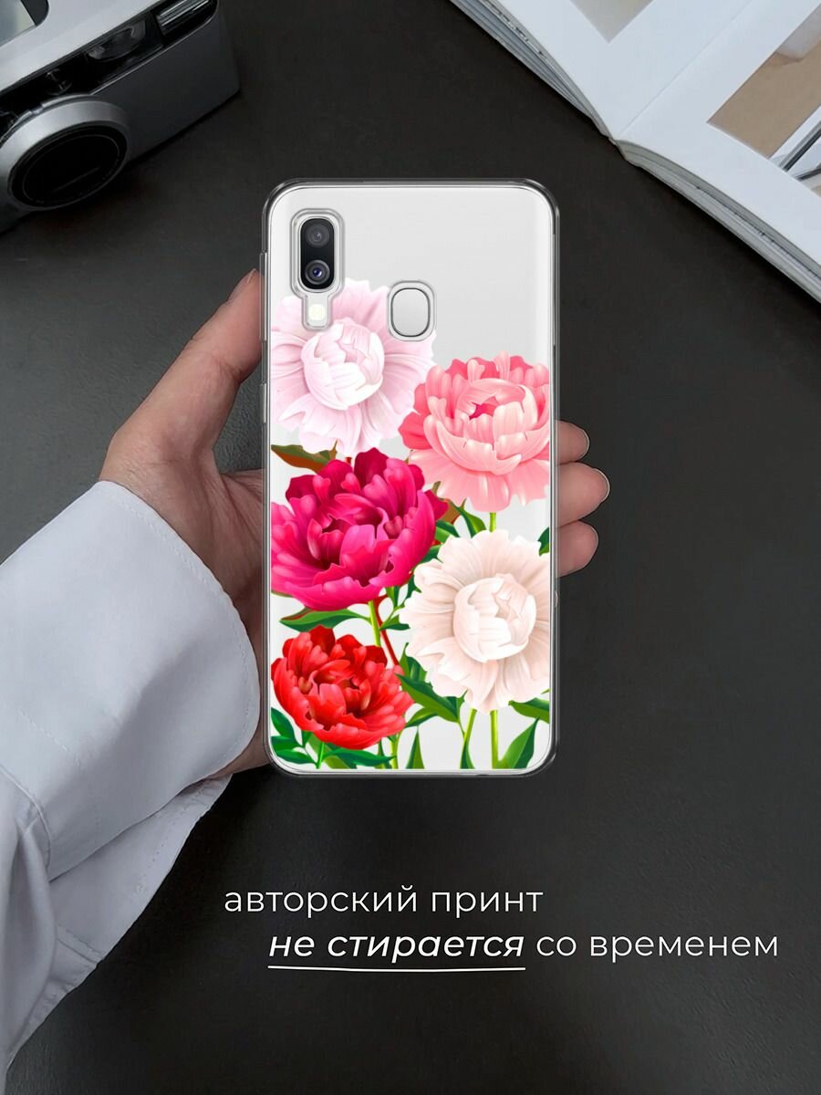 Чехол на Samsung Galaxy A40 / Самсунг Галакси А40 с принтом "Большие пионы", прозрачный — фото 1