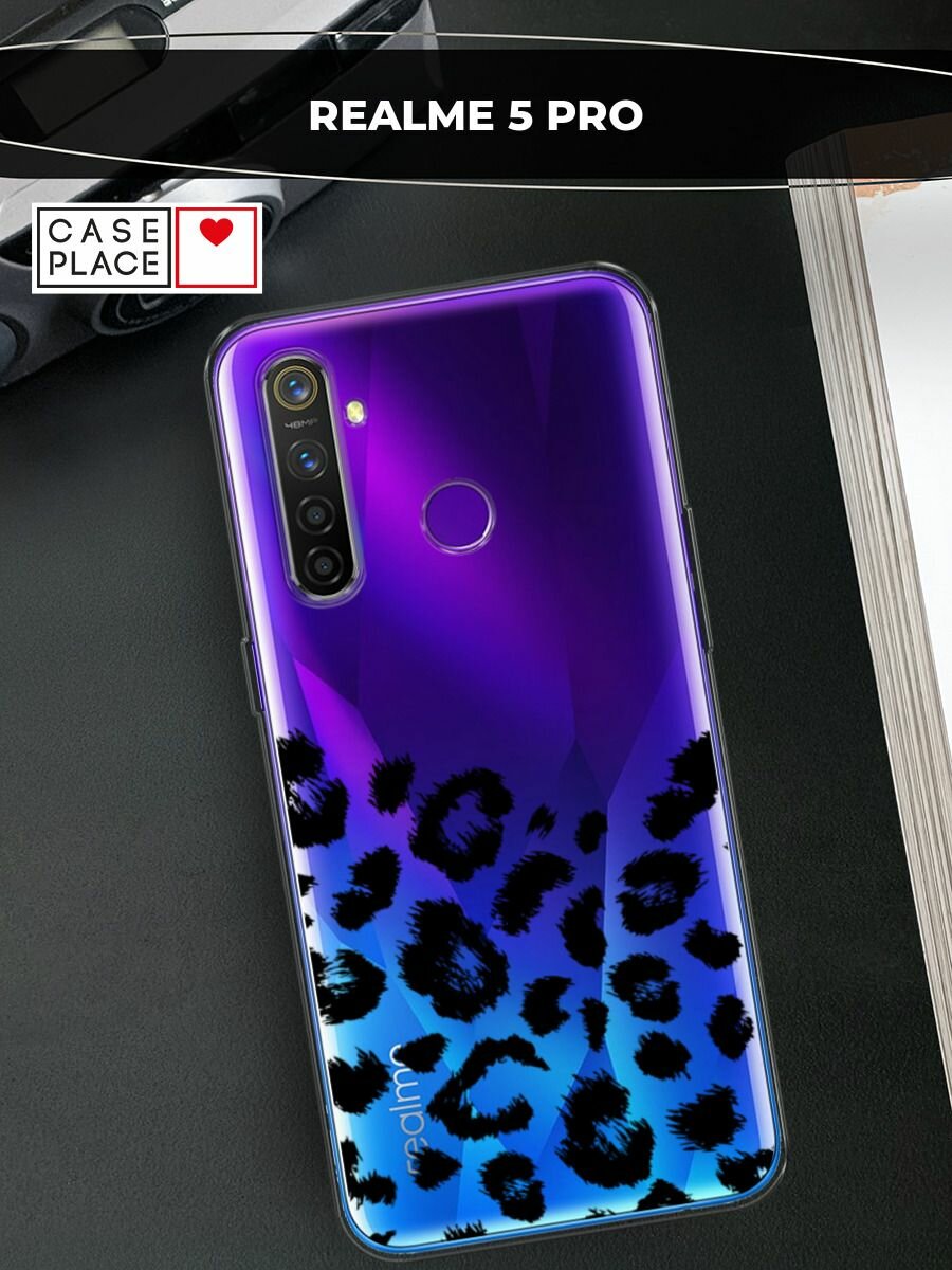 Чехол на Realme 5 Pro / Реалми 5 Про с принтом "Окрас леопарда фон черный", прозрачный
