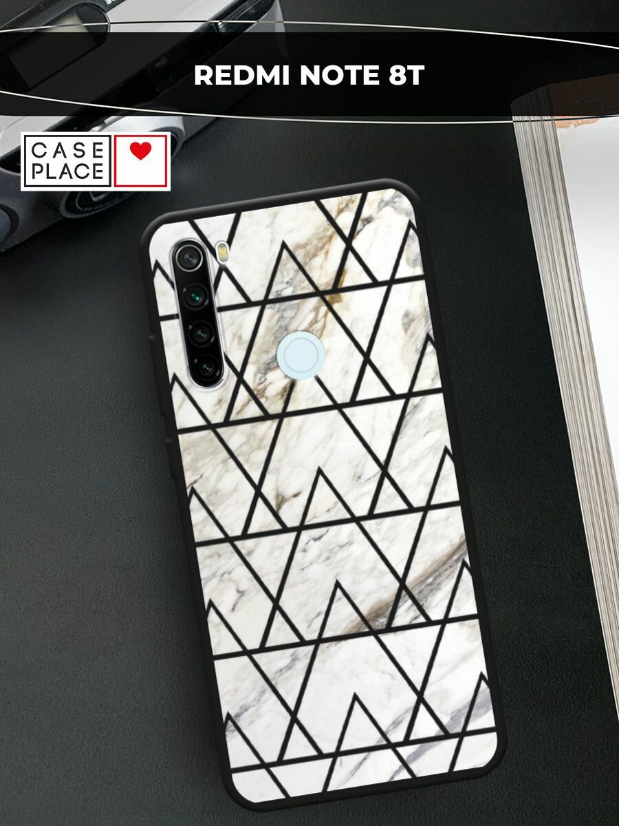 Черный матовый чехол на Xiaomi Redmi Note 8T / Сяоми Редми Нот 8Т с принтом "Белый мрамор с узорами треугольниками"
