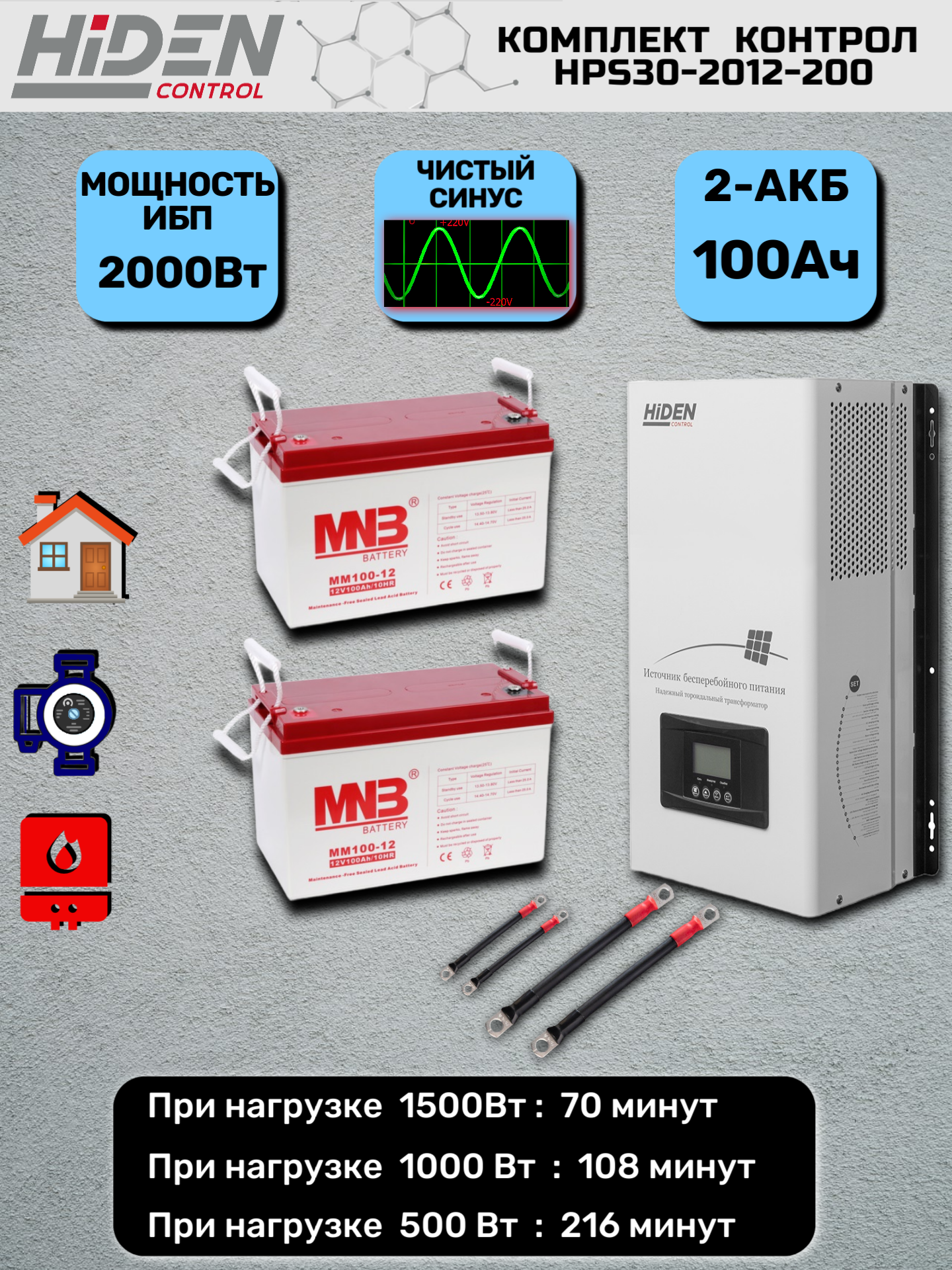 Комплект ИБП Контрол HPS30-2012-200 для дома, котла, освещения, циркуляционных и скважинных насосов (2000Вт, 200Ач)
