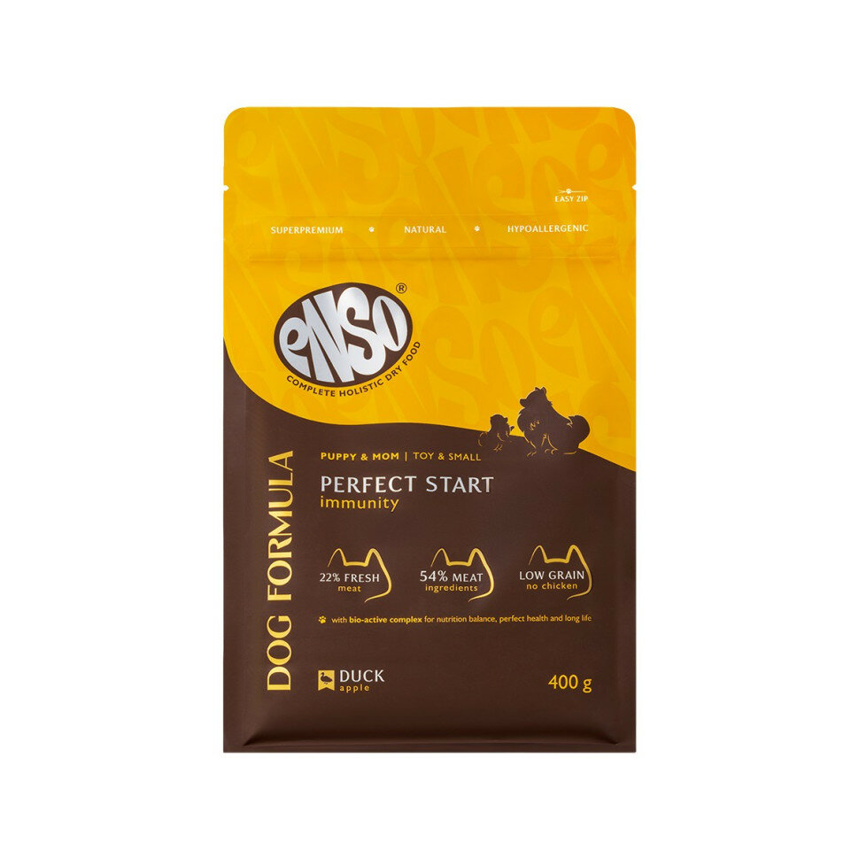 Сухой корм ENSO Dog Formula для щенков от 1 месяца, беременных и кормящих собак мелких и мини пород, утка/яблоко-400г