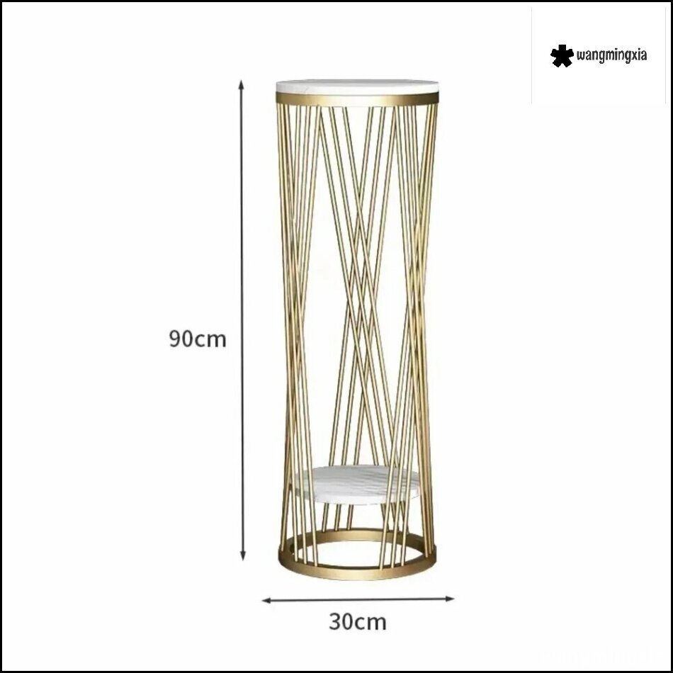Эксклюзивная круглая консоль 30x30x90 см из искусственного камня с полкой в золотистом тоне