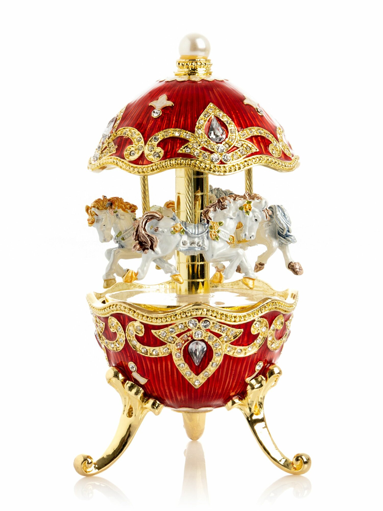 Заводная музыкальная детская карусель в стиле Фаберже (Faberge). Статуэтка для интерьера и лошади, лошадки. Пьютер эмаль позолота Австрийские кристаллы. Design by Keren Kopal, Israel