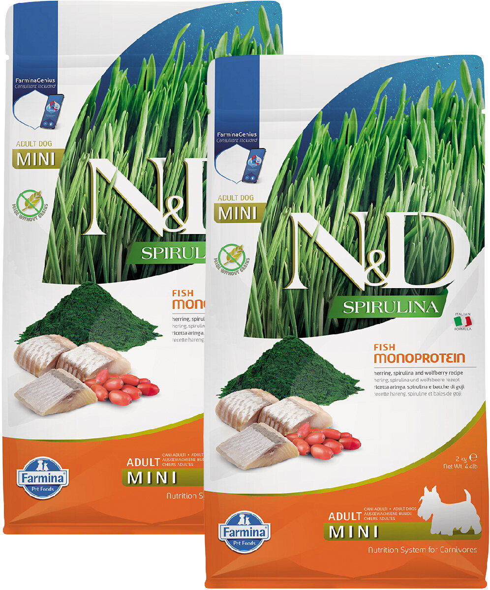 Корм сухой Farmina Dog N&D Grain Free Spirulina Adult Mini Herring & Wolfberry беззерновой для взрослых собак маленьких пород, сельдь, ягоды годжи и спирулина, 2 + 2 кг
