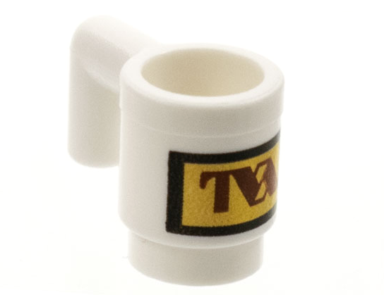 Minifigure, Utensil Cup with Reddish Brown TVA Logo on Gold Rectangle Pattern, 3899pb009 White U