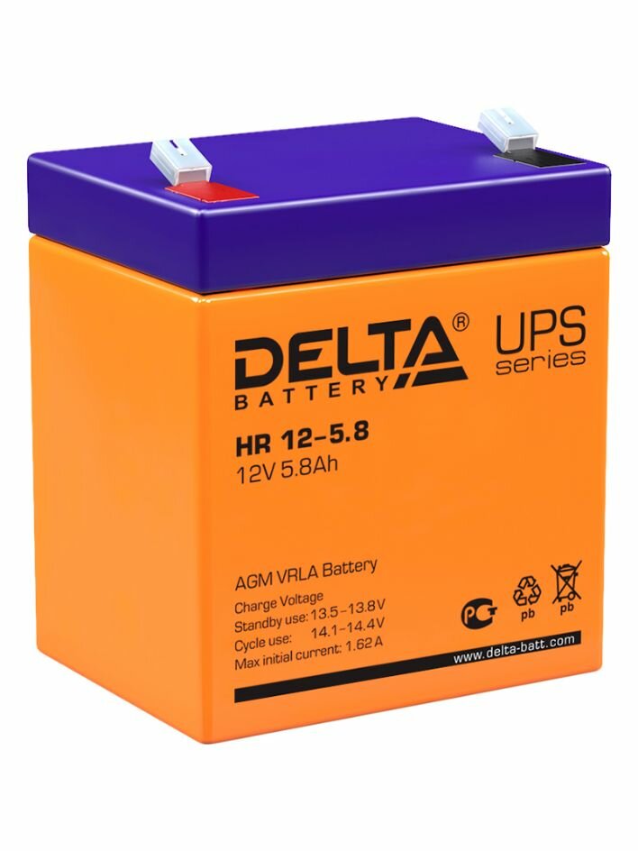 Батарея DELTA серия HR, HR 12-5,8, напряжение 12В, емкость 5.8Ач (разряд 20 часов), макс. ток разряда (5 сек.) 75А, макс. ток заряда 1.74А, свинцово-кислотная типа AGM, клеммы F2, ДxШxВ 90х70х101мм, вес 1.95кг, срок службы 8 лет. HR 12-5.8 Battery DELTA
