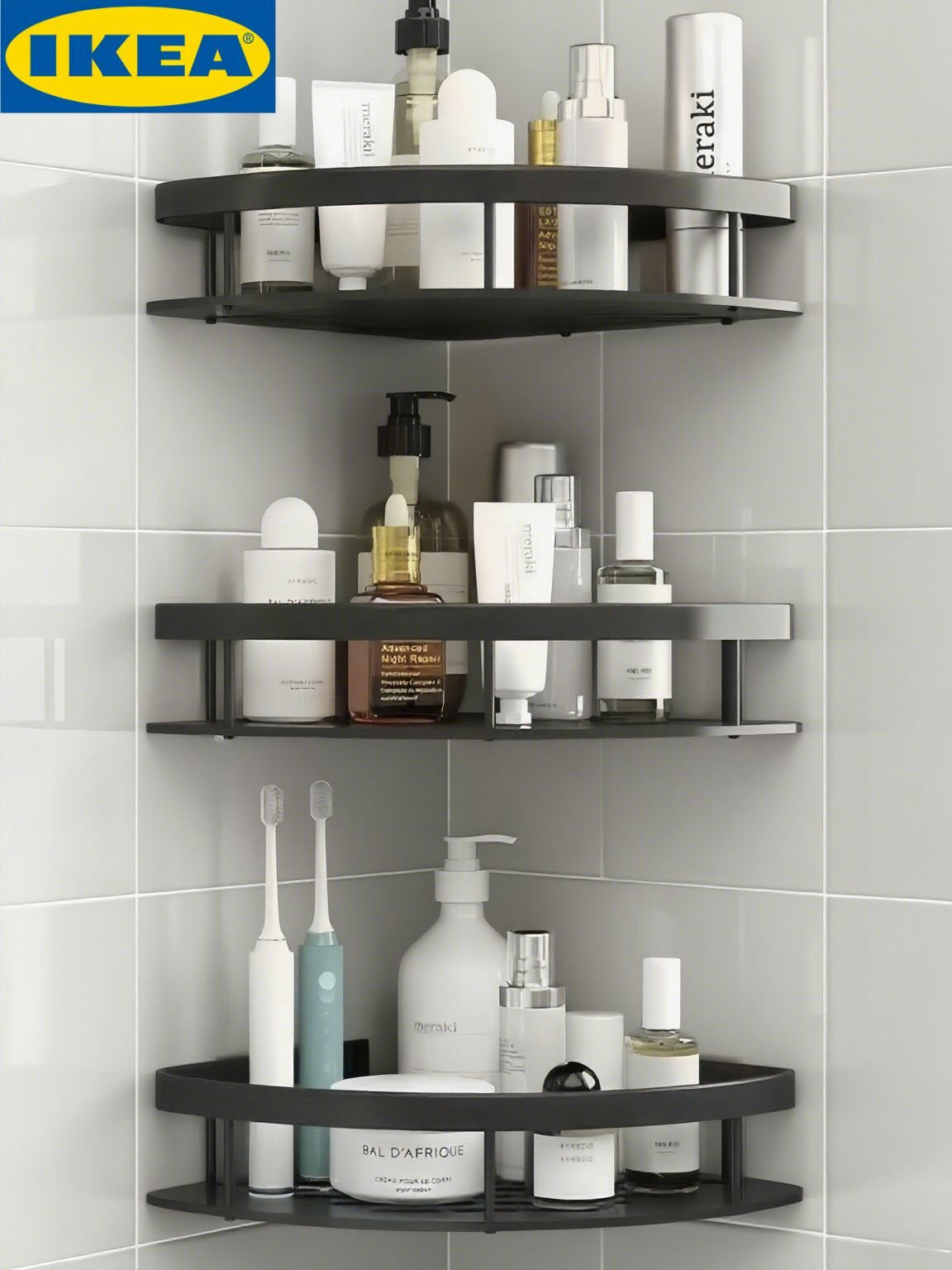 Полка в ванную угловая, алюминиевый сплав, самоклеющаяся, без сверления, подходит для углов, черный, 3 шт