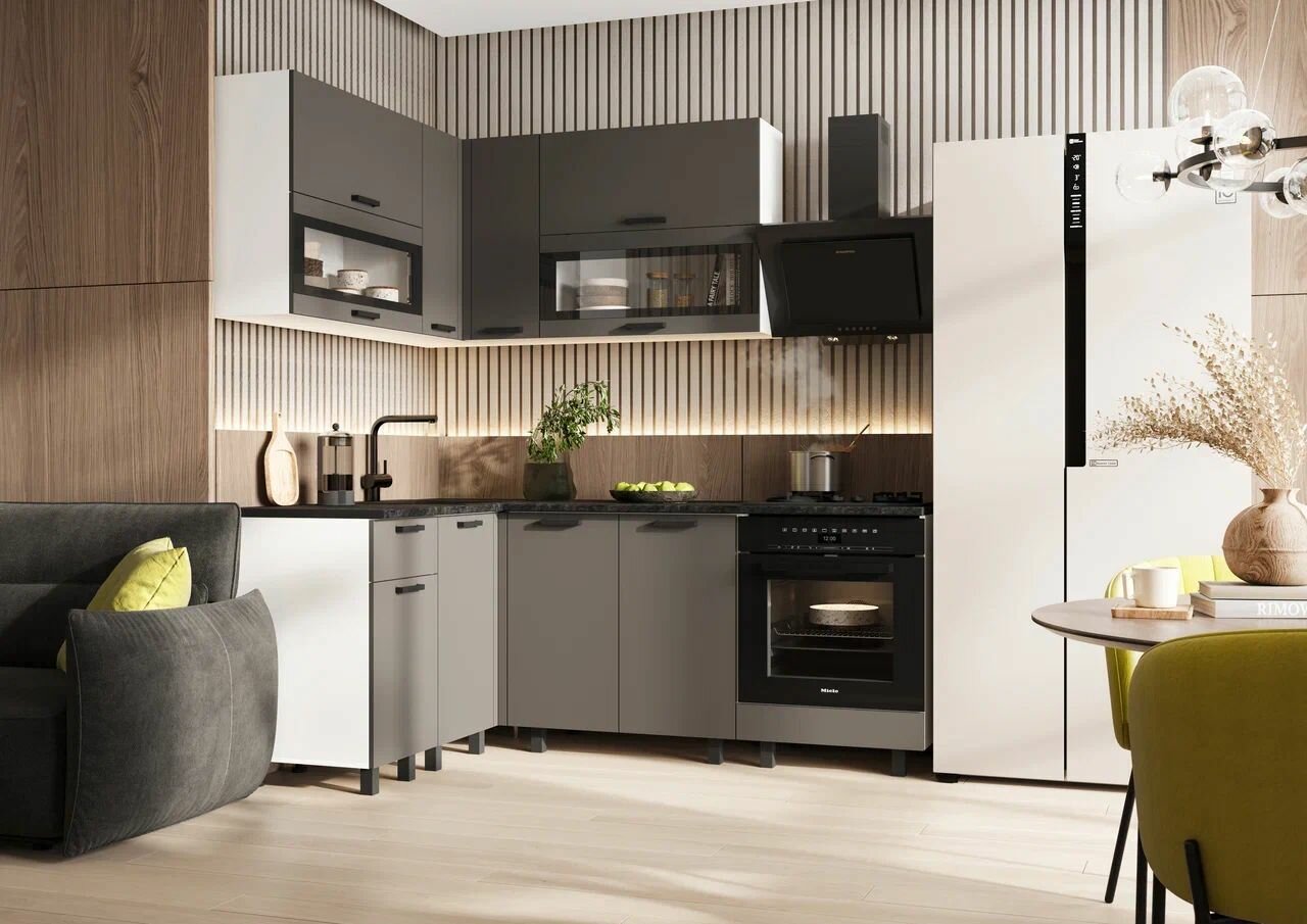 Кухня Техно 1,4 х 2,0 Компоновка №2 Холст вулканический, Белый (Кастилло темный)