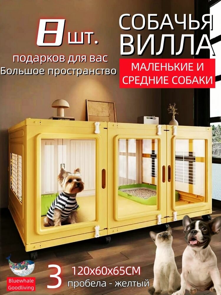 Клетка для собаки. Прозрачная клетка для домашних животных. Подходит для собак маленьких и средних размеров. желтый/3 пробела. Подарок для друга.