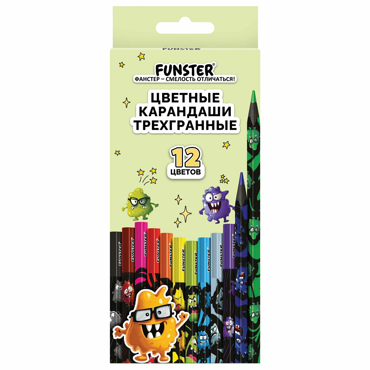 Упаковка 12 шт. Карандаши цветные FUNSTER (фанстер) монстрики, 12 цветов, черный корпус с принтом, трехгранные, 182065