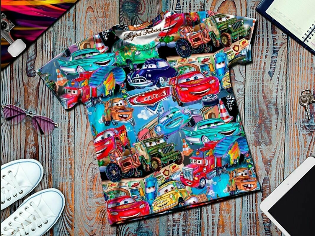 Кулирка с лайкрой принтованная "Машинки", ширина 180см, длина 80см.