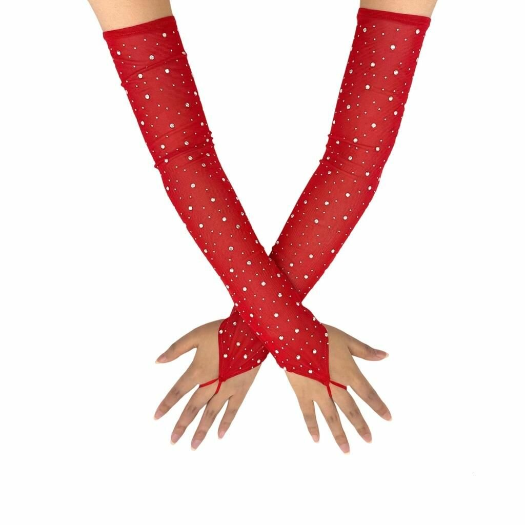 Ажурные длинные перчатки со стразами, красный