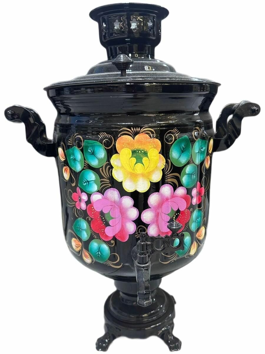 Электрический самовар 10 литров с художественной росписью "Жостово на черном фоне"