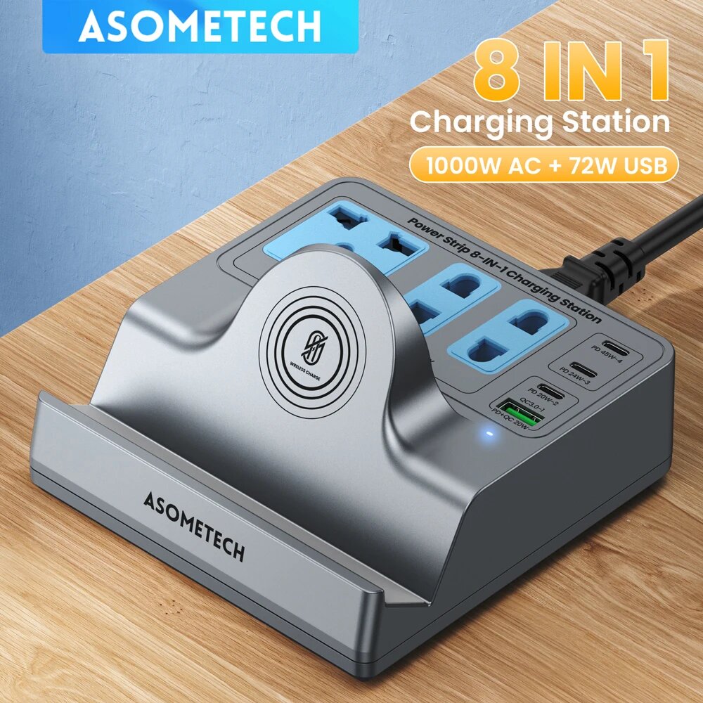 Сетевой фильтр ASOMETCH 8 в 1 EU Plug, USB Type-C PD для MacBook, iPhone, Samsung