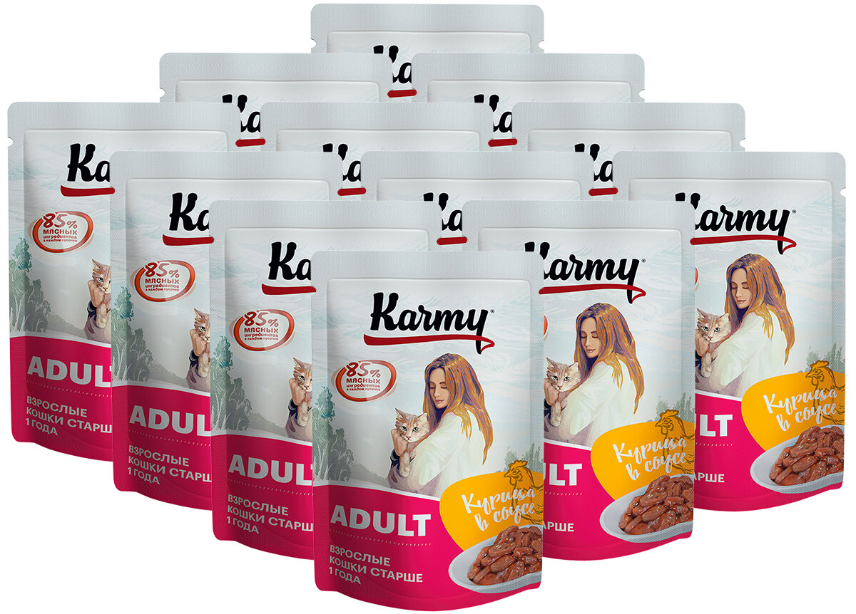 Корм влажный Karmy Adult для взрослых кошек, курица в соусе, 80 г х 12 шт