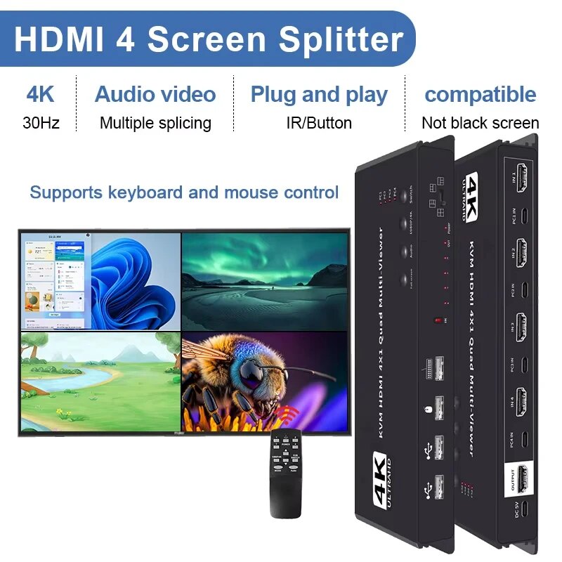 KVM-переключатель 4K HDMI 4x1 Quad Multi Viewer 4 в 1, выходной KVM HDMI-процессор, EU Plug