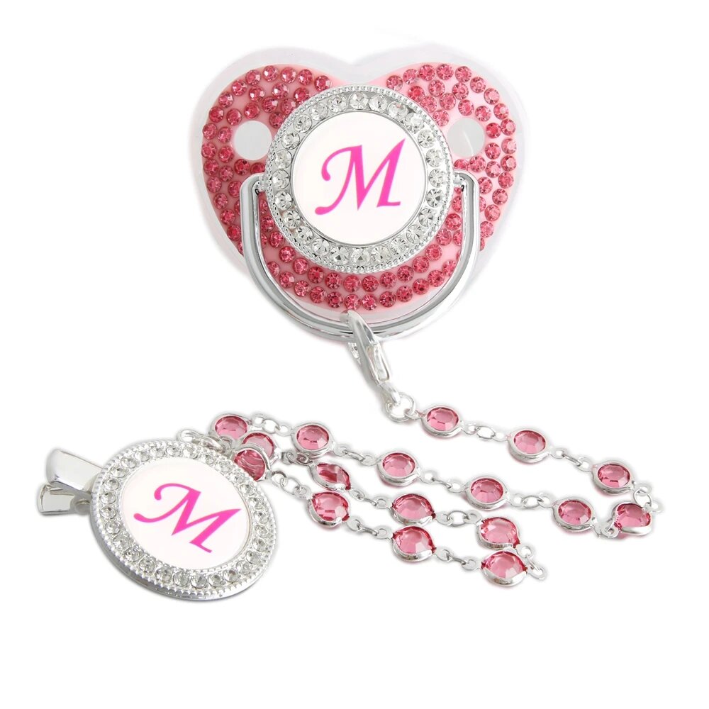 Розовая серебряная соска из силикона с алмазной цепью для детей M