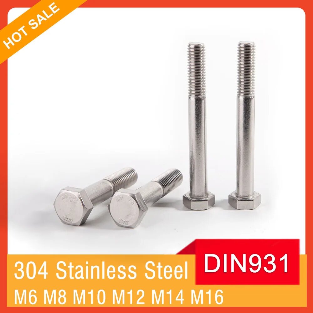Болты с шестигранной головкой M6 M8 M10 M12 M14 M16 DIN931 из нержавеющей стали 304 100mm, 2pcs M10