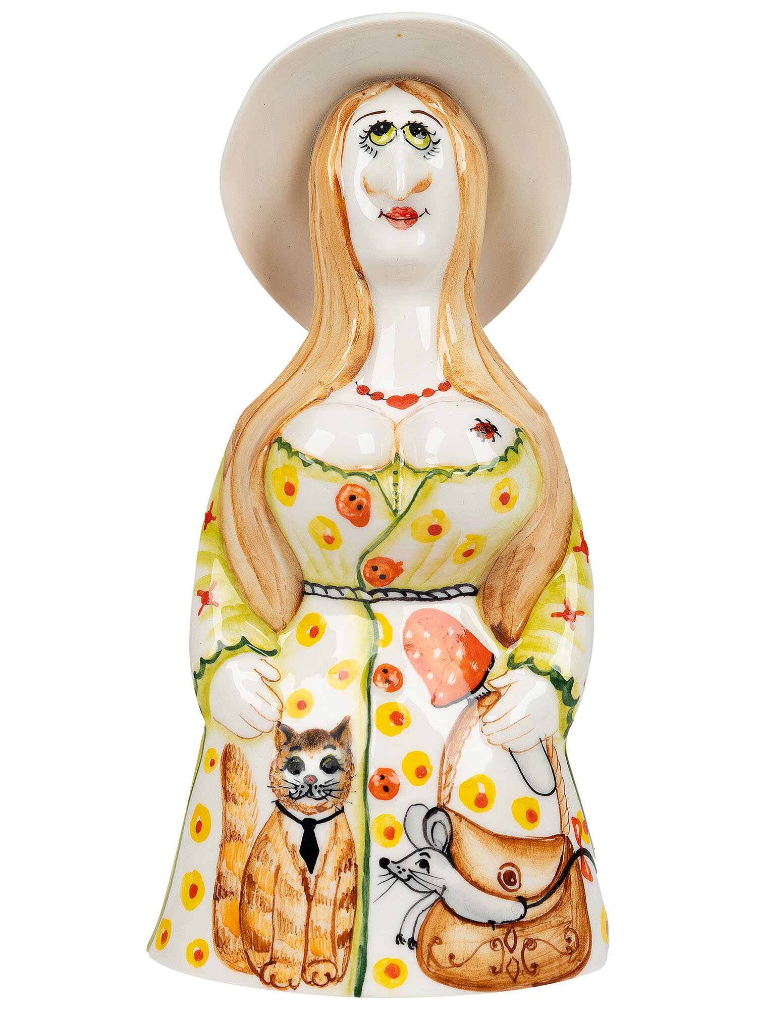 Фигурка колокольчик керамическая Баба Яга с котом и мышкой в сумке декоративная авторской ручной работы