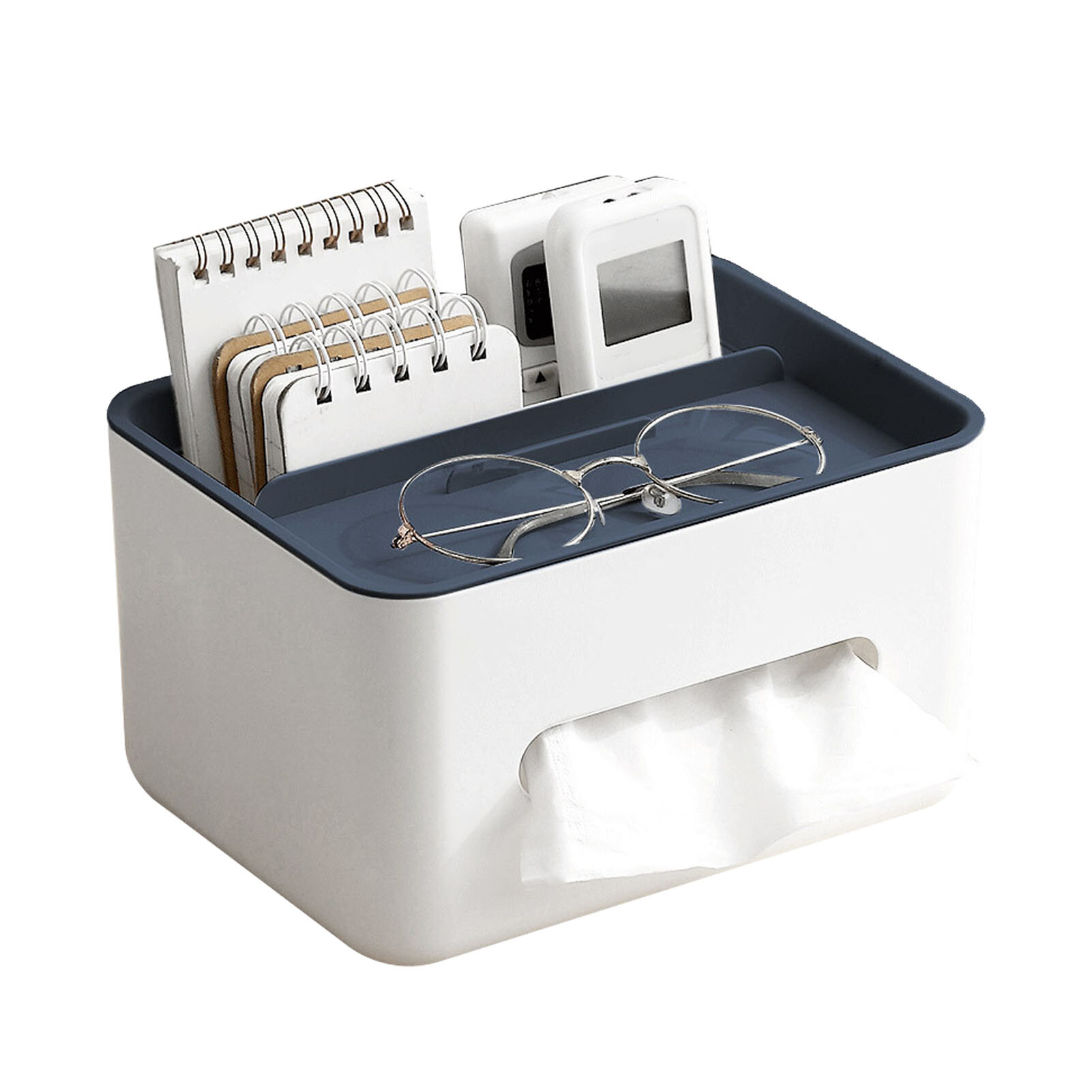 Tissue Box Cover Rectangular Multifunctional Napkin Holder with Remote Control for Living Room Office White Base Blue Lid