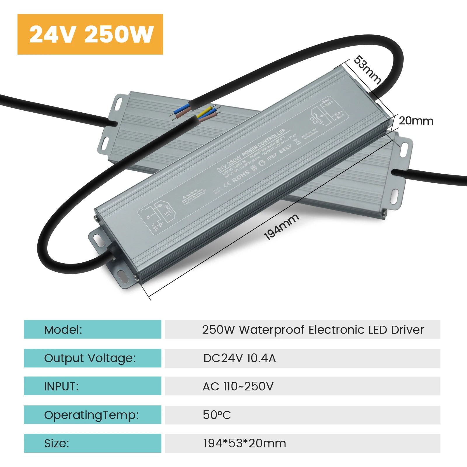 XUNATA Трансформатор освещения IP67 100-600Вт 12/24В 24V 250W