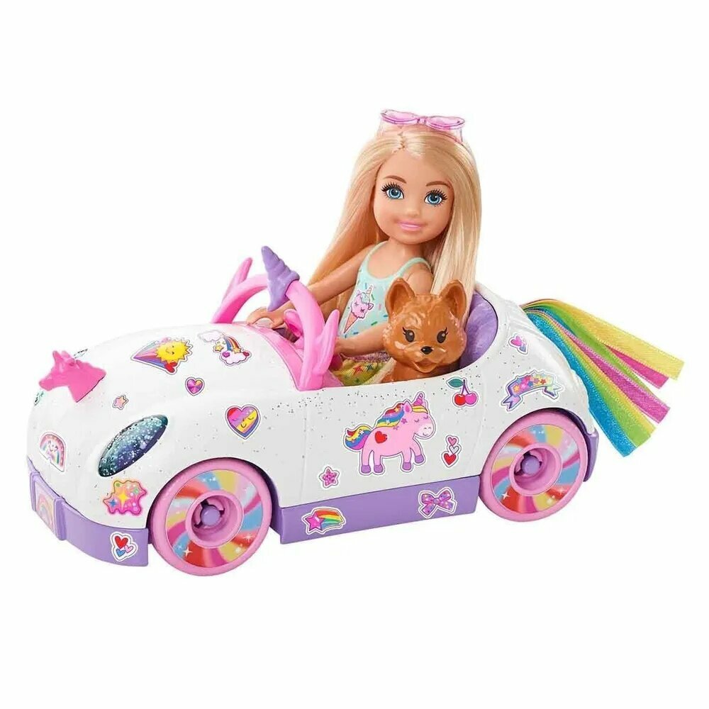 GXT41 Кукла Barbie Club Chelsea с автомобилем в стиле радужного единорога с открытым верхом, домашним щенком, листом с наклейками и аксессуарами/Барби/Mattel
