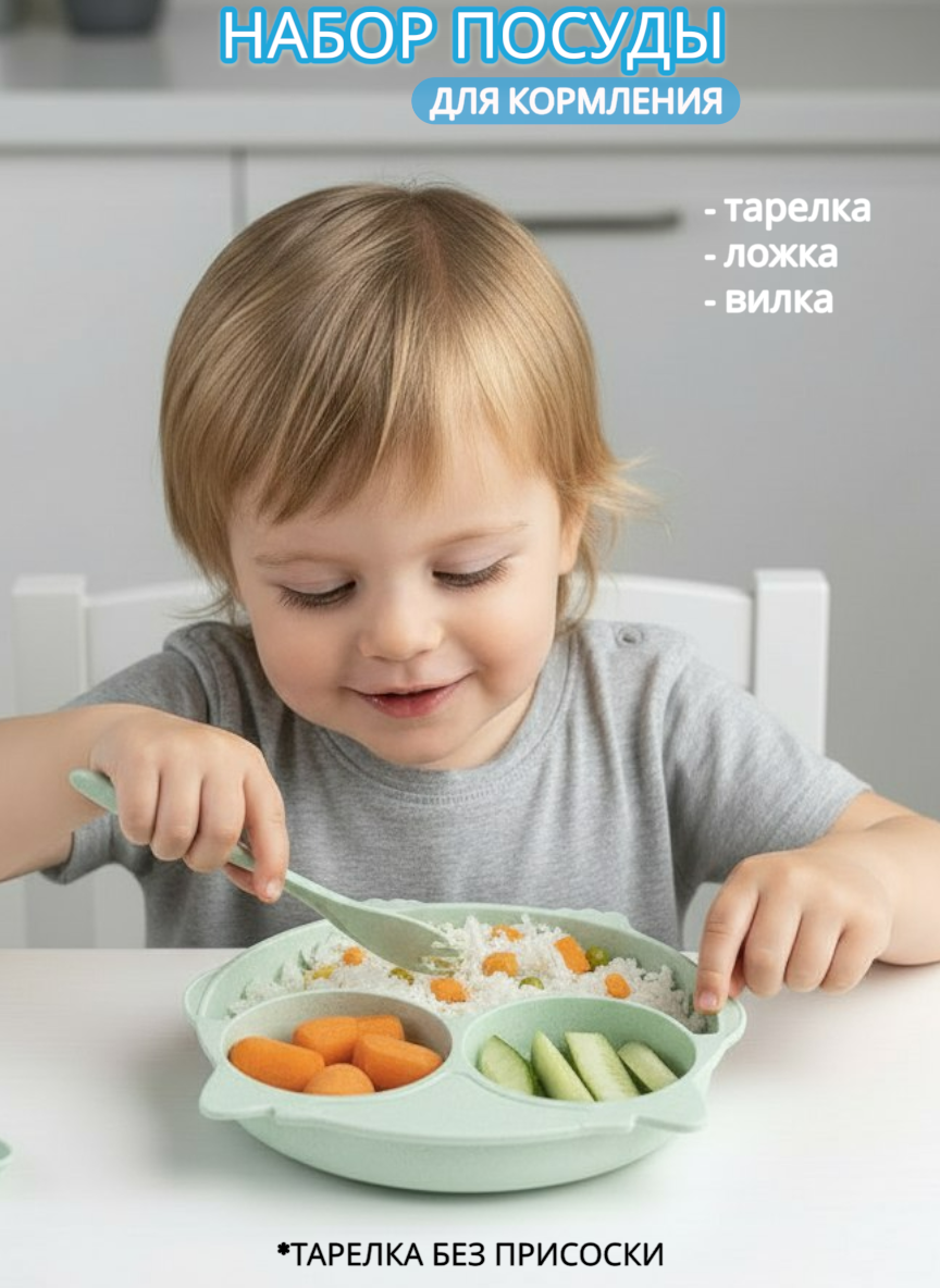 Набор детской посуды для кормления Совёнок зелёный, с тарелкой, ложкой и вилкой