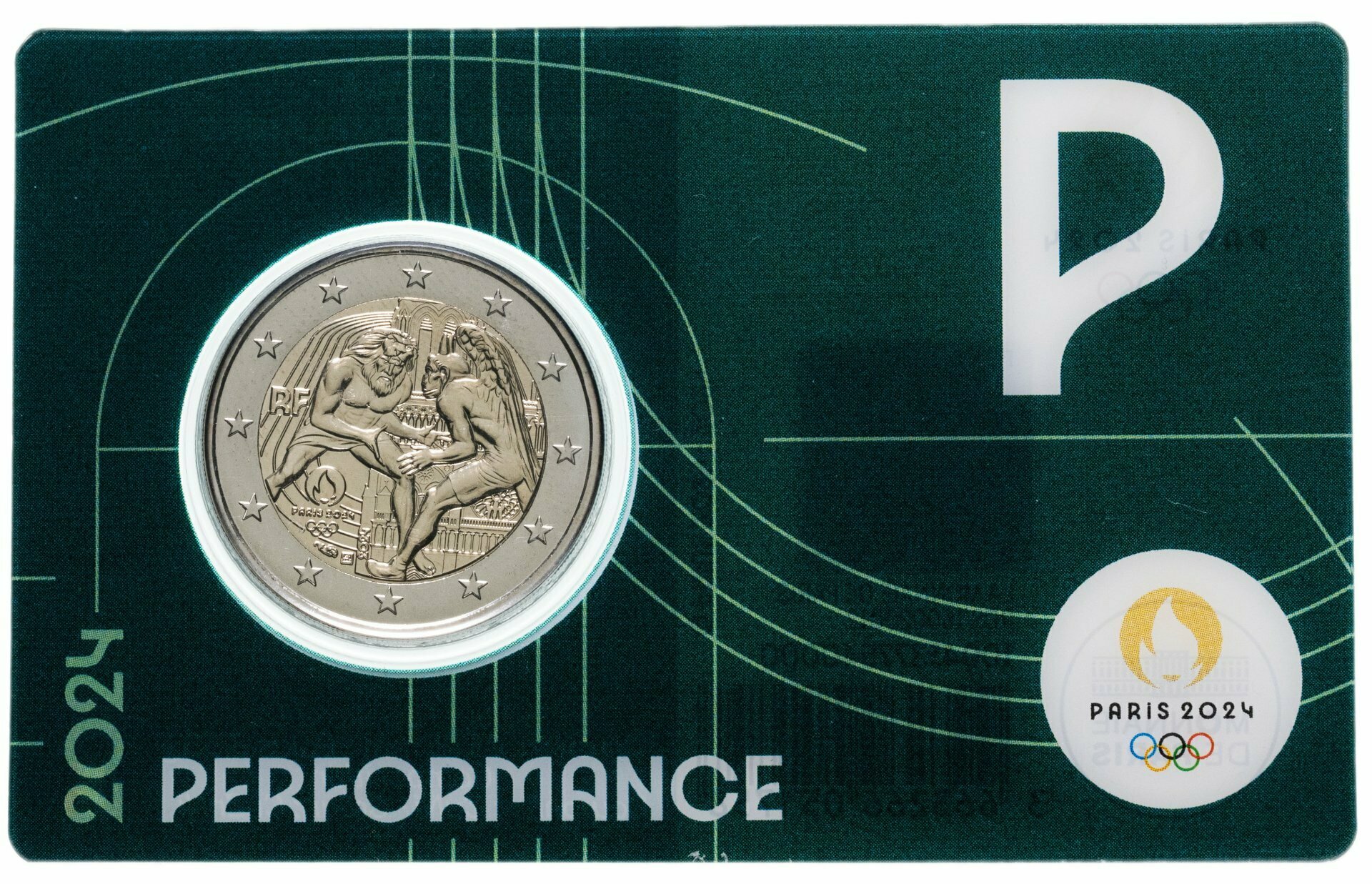 Франция 2 евро 2024 XXXIII летние Олимпийские игры, Париж 2024 в блистере зеленого цвета, Биметалл, в сохранности UNC