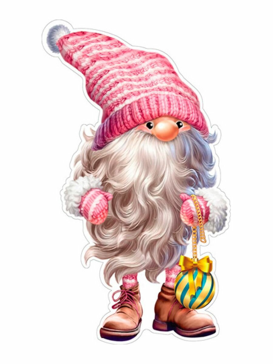 Плакат оформительский А4 "Гномик с елочной игрушкой", картонный, вырубной, двухсторонний, с вд-лаком