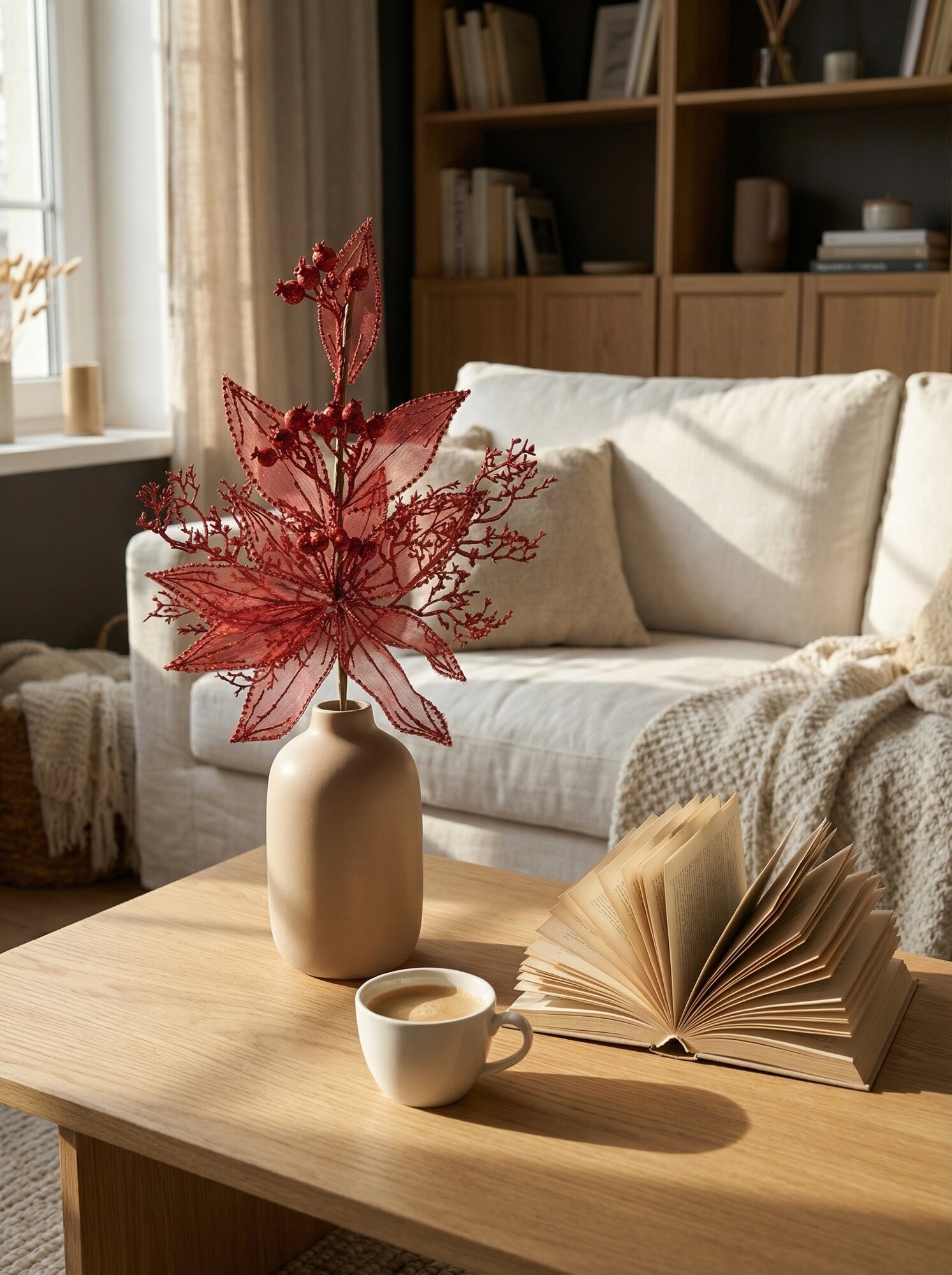 Новогоднее украшение для ёлки и декора-Ветка c ягодами и листьями красная, 1 шт, 60 см