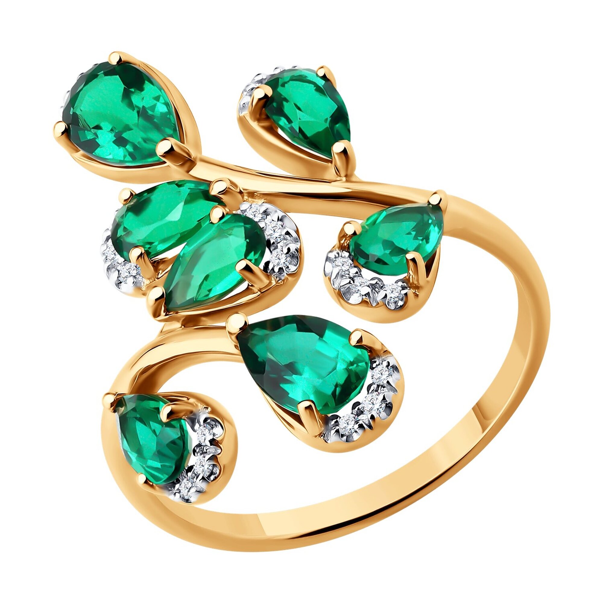 Кольцо, красное золото, 585 проба, изумруд синтетический, бриллиант