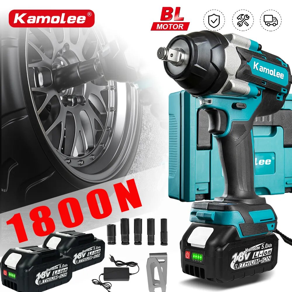 Электрический ударный гайковерт Kamolee, 1/2 дюйма, крутящий момент 1800 НМ, пластиковый ящик для инструментов, включая 5 ударных головок (батарея емкостью 5,0 Ач * 2)
