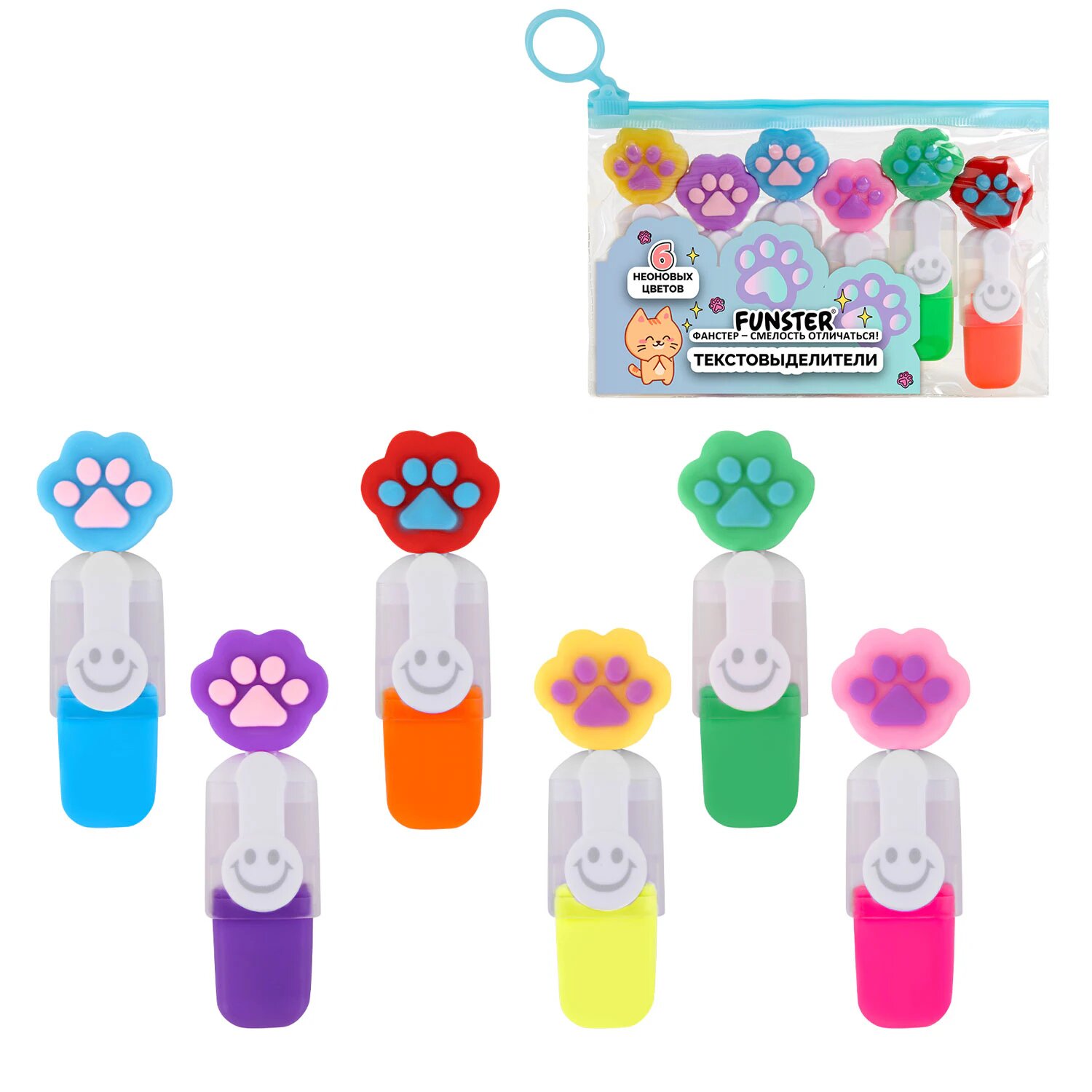 Набор текстовыделителей с топперами 6 цветов неон, "лапки", линия 1-4 мм, FUNSTER (фанстер), 152645