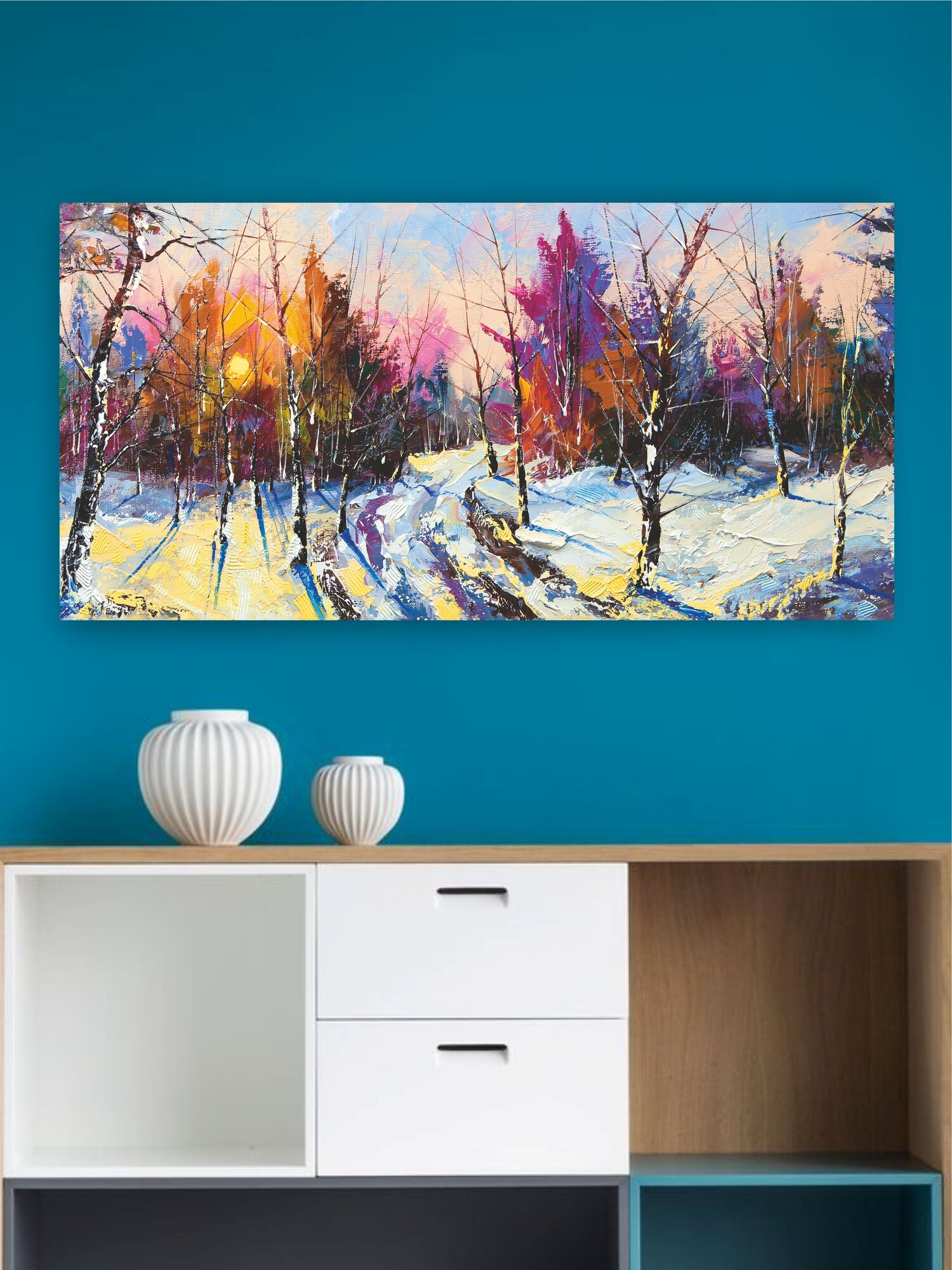 Картина для интерьера на стену пейзаж. Зимний лес 40х80 см на холсте на подрамнике