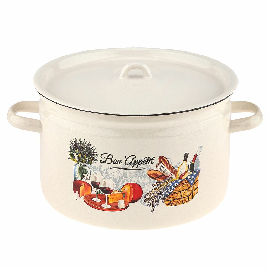 Кастрюля Лысьвенские эмали "Пикник", эмалированная, 7 л, форма цилиндрическая, металлическая крышка, металлические ручки, жемчужный (С-1620/4Жм)