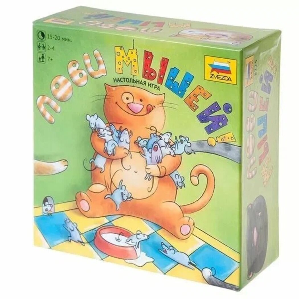 Настольная игра Лови мышей, 30 фишек, 2 специальных кубика, 4 карты игрока