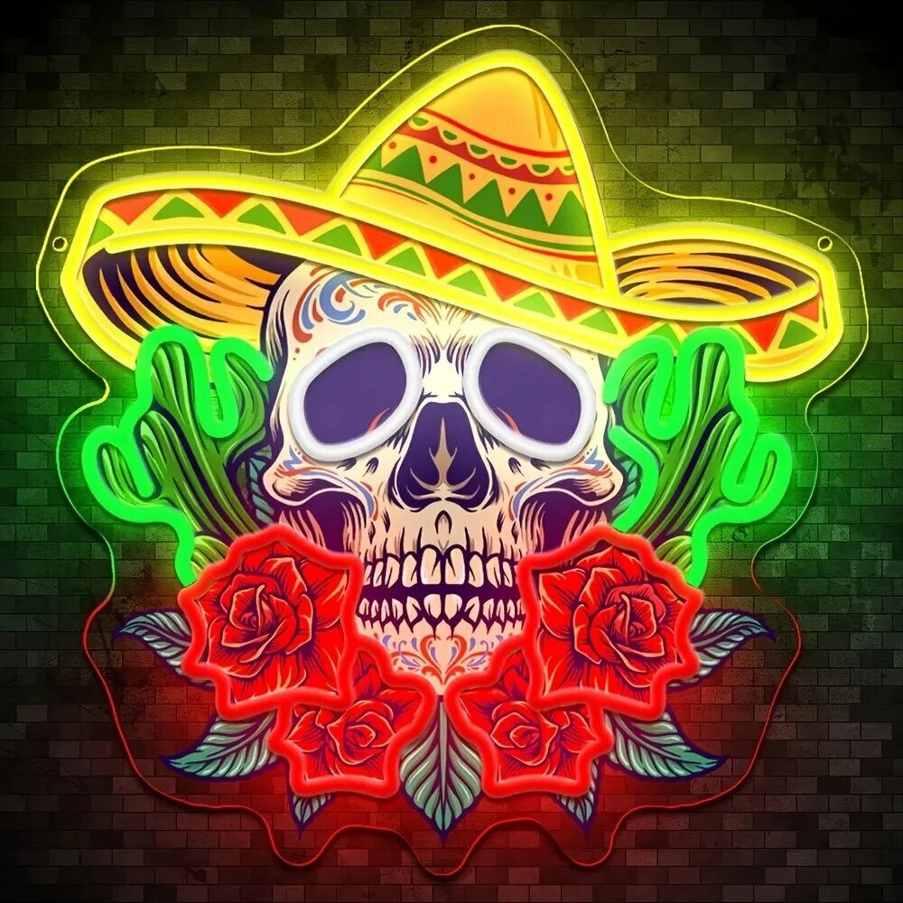 Каркасная светодиодная фигура 30 см Мексиканский череп, розы, кактусы, 1 шт