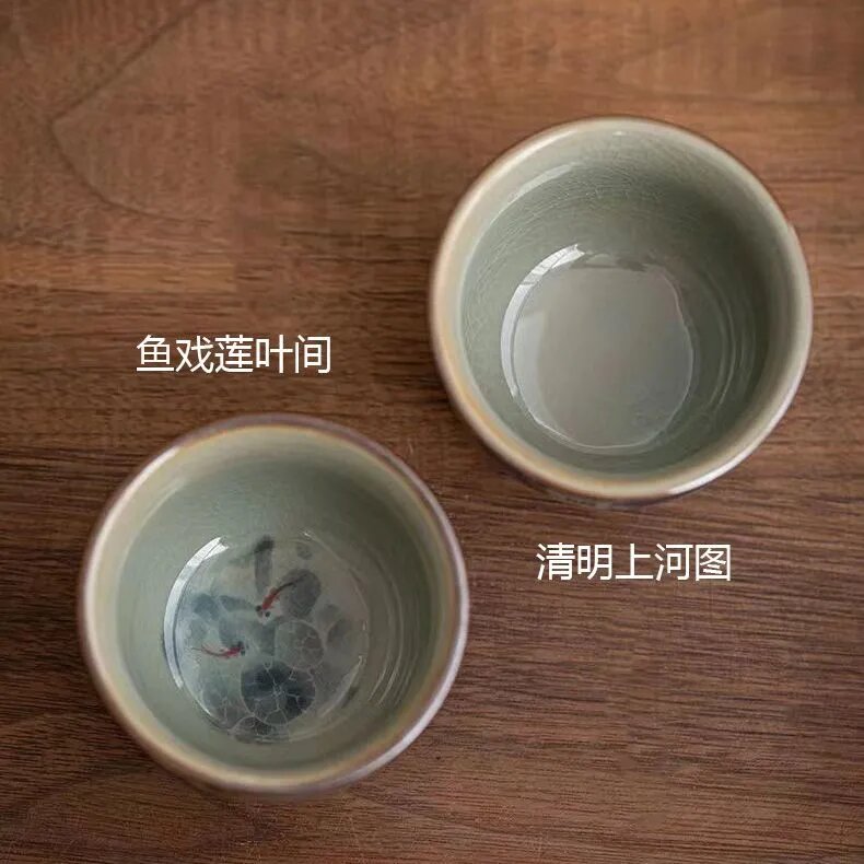 Чашки керамические с рисунком "鱼戏莲叶间+清明上河图" для чая, 120 мл, 2 шт — фото 1