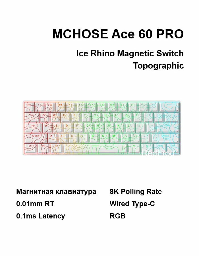 MCHOSE Игровая клавиатура проводная Ace 60 Pro, Ice Rhino Magnetic Switch, Topographic, магнитная клавиатура, Английская раскладка, белый, светло-зеленый