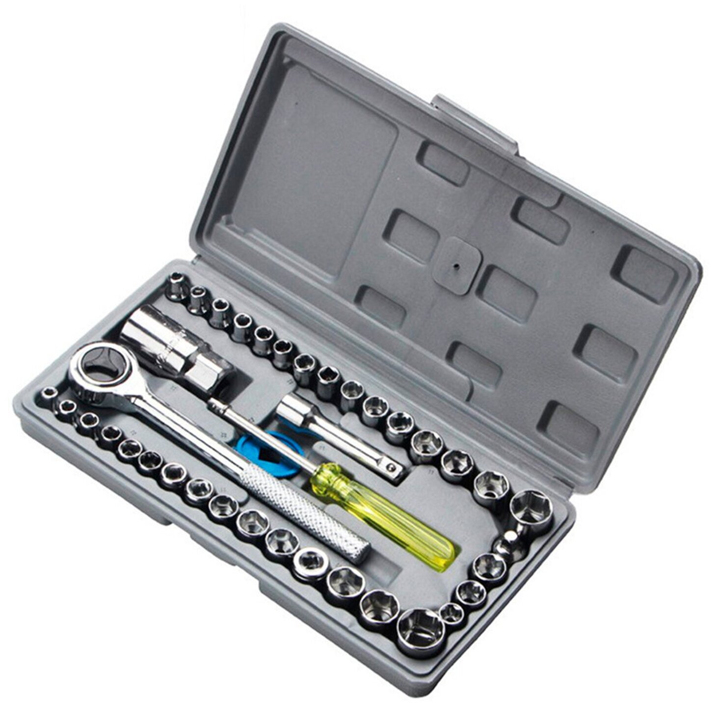 Набор инструментов 40 в 1 для ремонта автомобиля, торцевые головки 1/4" 28 шт, торцевые головки звезды 1/4" 3 шт, головки 3/8" 2 шт, резьбовой адаптер 1/4-3/8" 1 шт, трещоточный ключ 3/8 1 шт, цвет серый, 24х12х4 см
