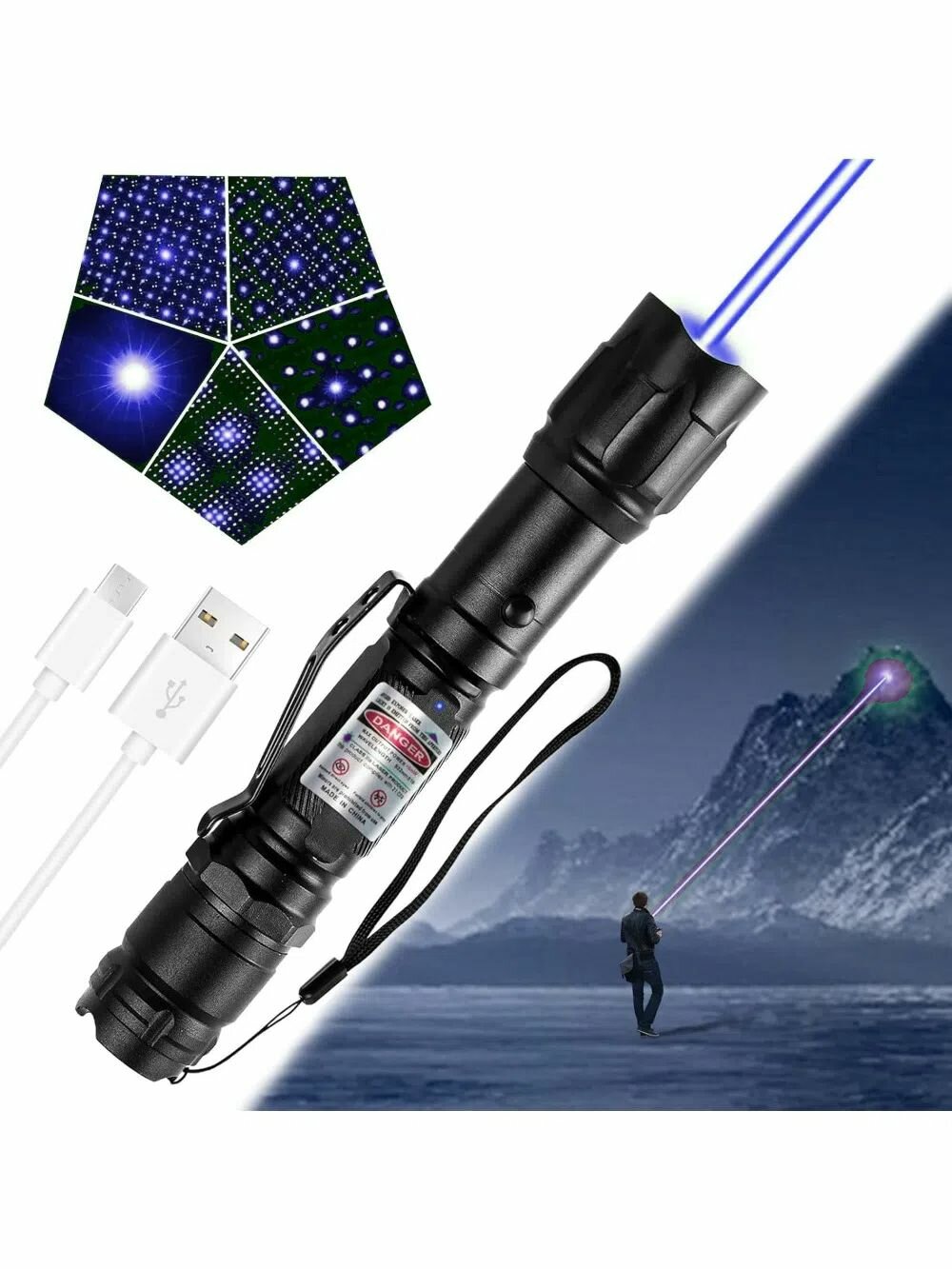 Зеленый фонарик с дальним светом, ручка-точечный тактический фонарь с защитой от звезд, регулируемый фокус, перезаряжаемый лазерный указатель